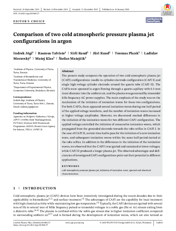 (PDF) Comparison of two cold atmospheric pressure plasma jet ...