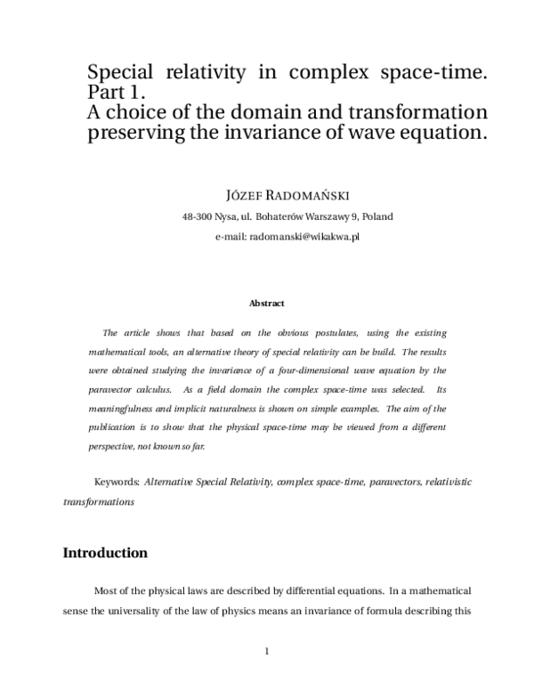 (PDF) Special Relativity in Complex Space-Time. Part 1. a Choice of the ...