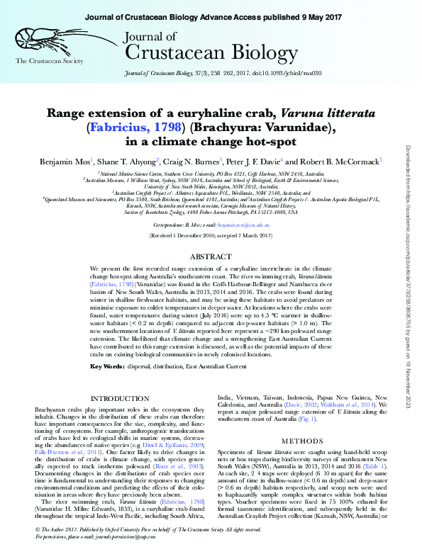 (PDF) Range extension of a euryhaline crab, Varuna litterata (Fabricius ...