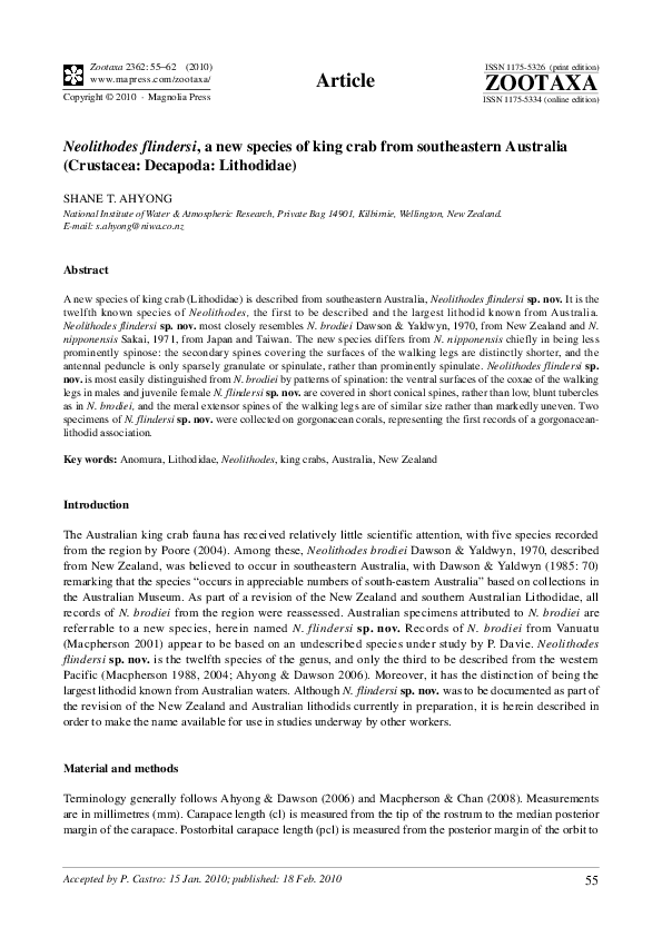 (PDF) Neolithodes flindersi, a new species of king crab from ...
