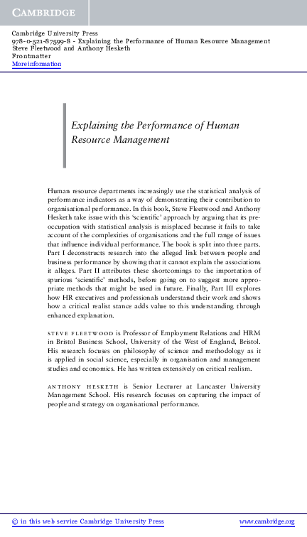(PDF) Explaining the Performance of Human Resource Management