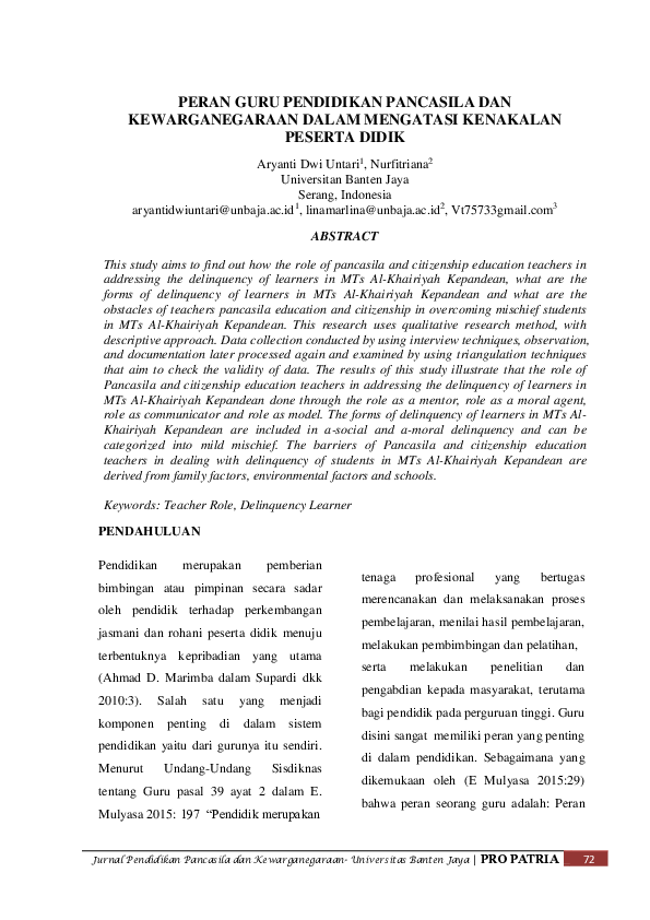 (PDF) Peran Guru Pendidikan Pancasila Dan Kewarganegaraan Dalam Mengatasi Kenakalan Peserta Didik