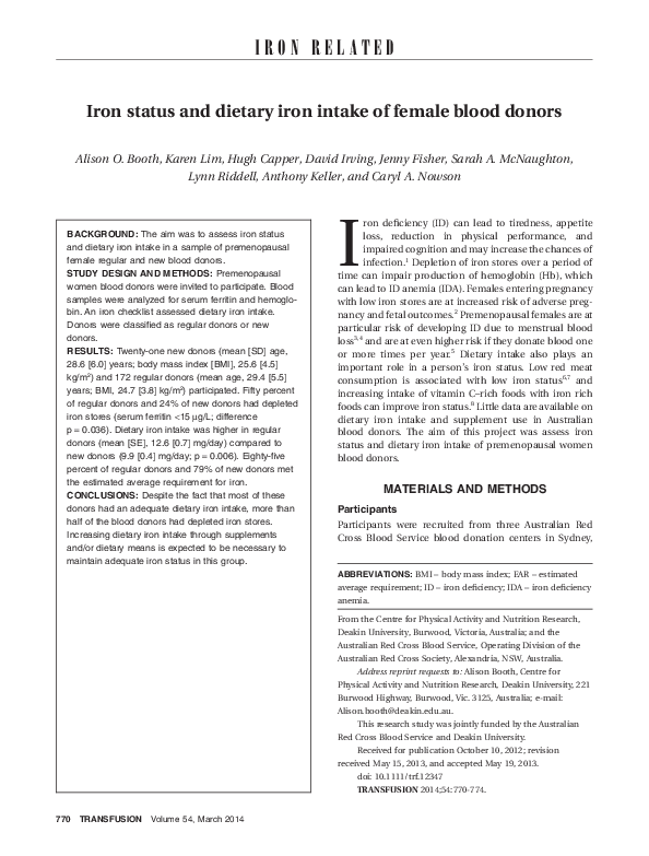(PDF) Iron status and dietary iron intake of female blood donors