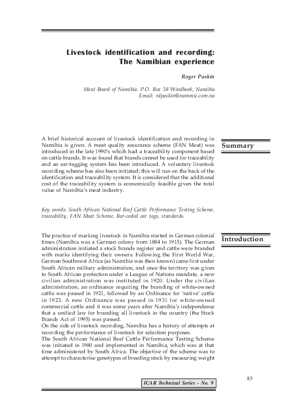 (PDF) Livestock identification and recording: the Namibian experience