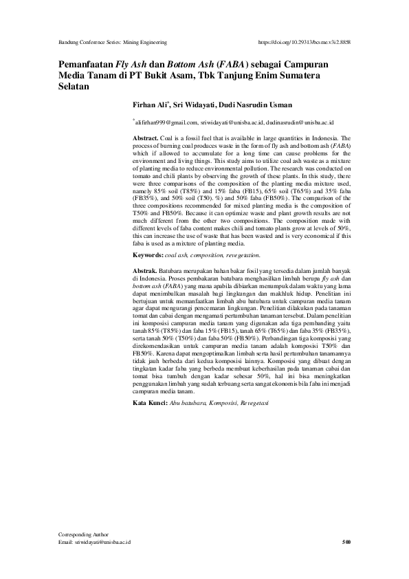 (PDF) Pemanfaatan Fly Ash dan Bottom Ash (FABA) sebagai Campuran Media Tanam di PT Bukit Asam ...