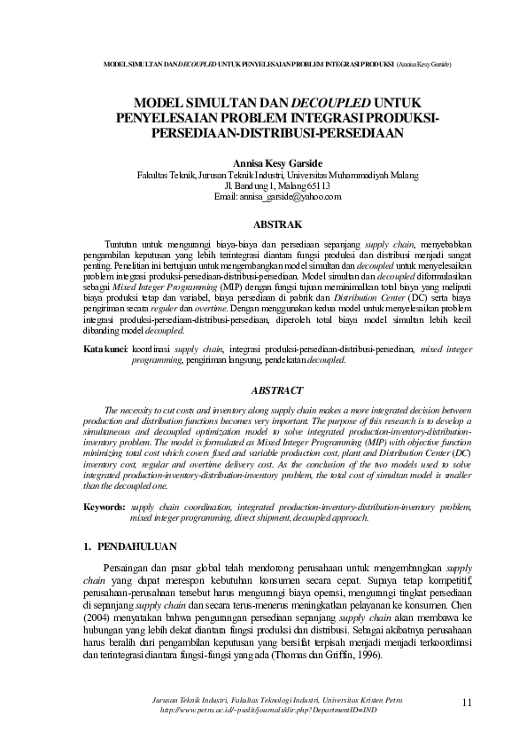 (PDF) Model Simultan Dan Decoupled Untuk Penyelesaian Problem Integrasi ...