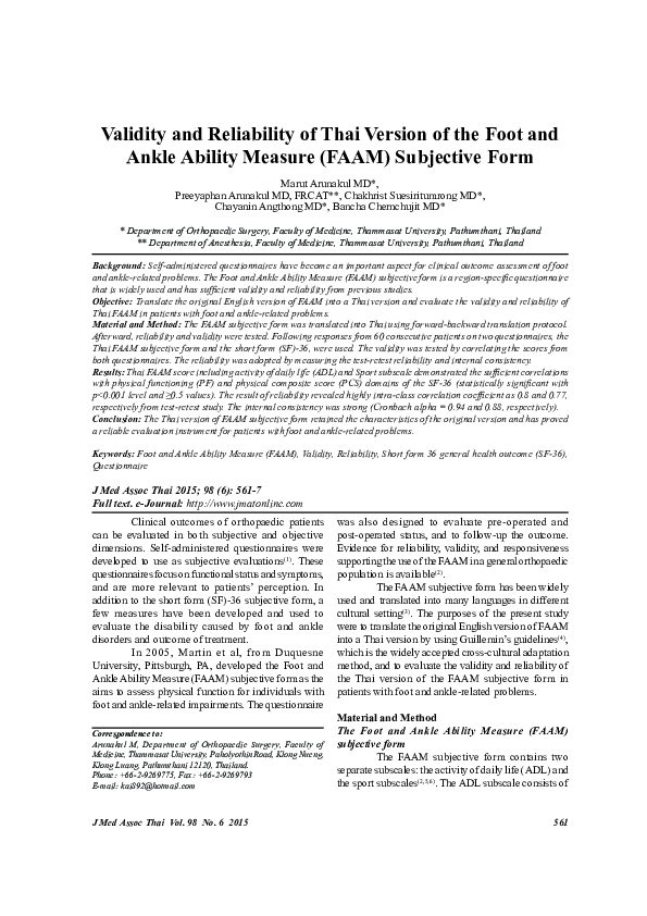 (PDF) Validity and Reliability of Thai Version of the Foot and Ankle ...