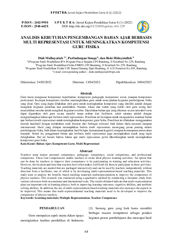 (PDF) Analisis Kebutuhan Pengembangan Bahan Ajar Berbasis Multi Representasi Untuk Meningkatkan ...