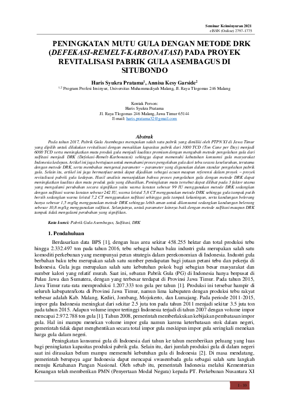 (PDF) Peningkatan Mutu Gula Dengan Metode DRK (Defekasi-Remelt ...