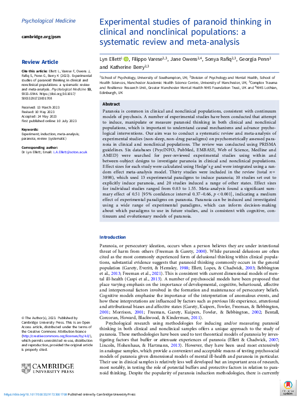 (PDF) Experimental studies of paranoid thinking in clinical and ...