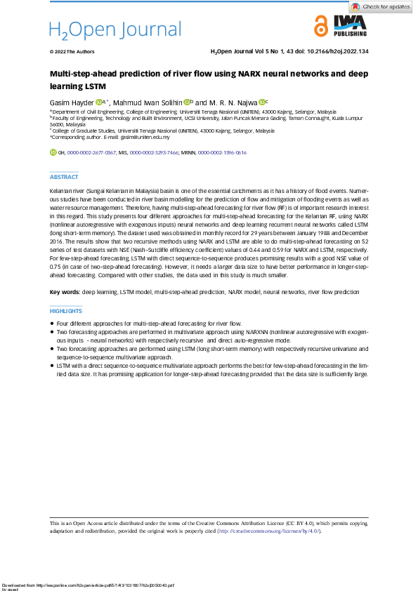 (PDF) Multi-step-ahead prediction of river flow using NARX neural networks and deep learning LSTM