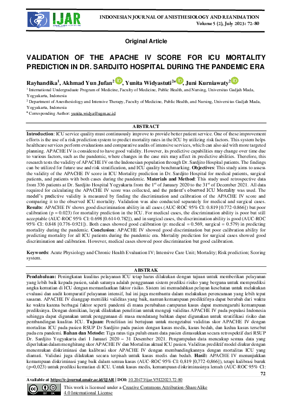 (PDF) Validation of the APACHE IV Score for ICU Mortality Prediction in ...
