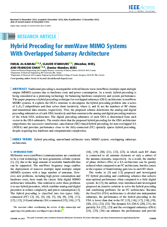 Pdf Hybrid Precoding For Mmwave Mimo Systems With Overlapped Subarray Architecture 