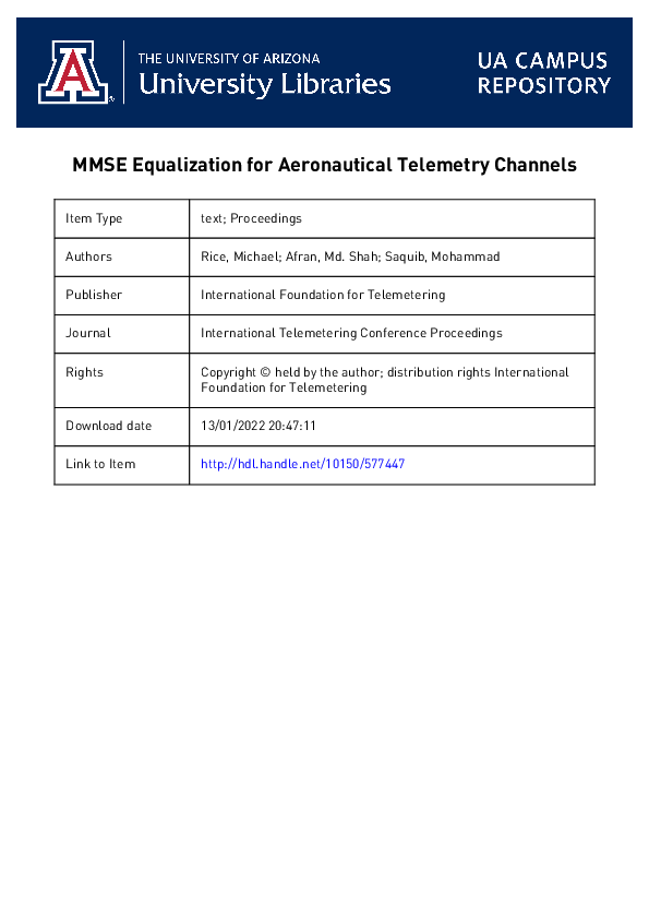 (PDF) MMSE Equalization for Aeronautical Telemetry Channels