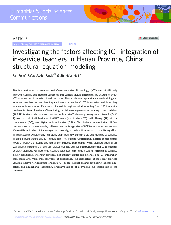 (PDF) Investigating the factors affecting ICT integration of in-service teachers in Henan ...