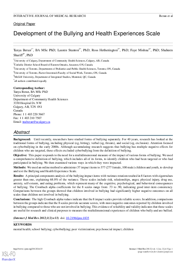 (PDF) Development of the Bullying and Health Experiences Scale