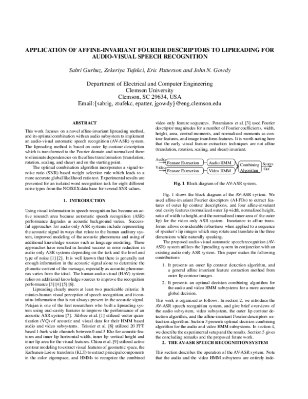 Pdf Application Of Affine Invariant Fourier Descriptors To Lipreading