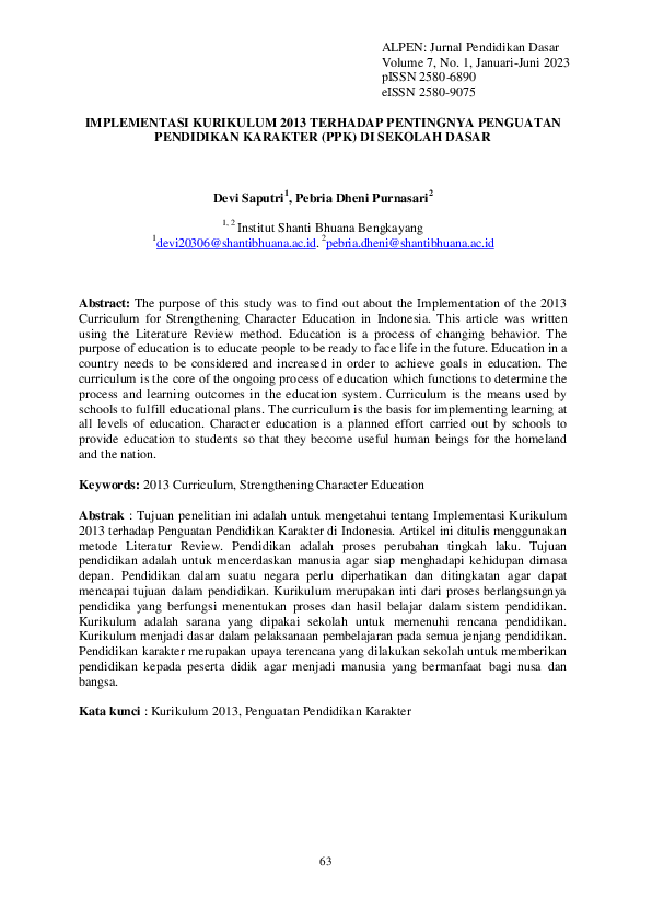 (PDF) Implementasi Kurikulum 2013 Terhadap Pentingnya Penguatan Pendidikan Karakter (PPK) di ...