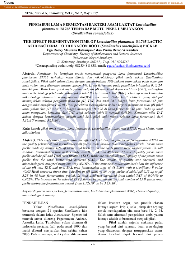 (PDF) PENGARUH LAMA FERMENTASI BAKTERI ASAM LAKTAT Lactobacillus plantarum B1765 TERHADAP MUTU ...