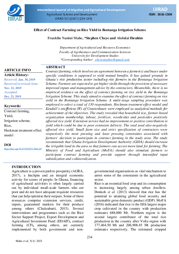 (PDF) Effect of Contract Farming on Rice Yield in Bontanga Irrigation ...