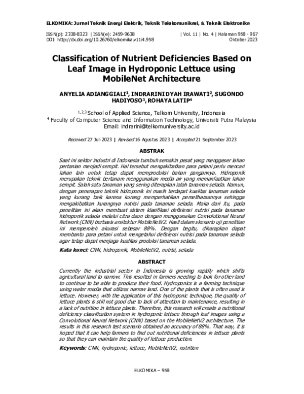 (PDF) Classification of Nutrient Deficiencies Based on Leaf Image in Hydroponic Lettuce using ...