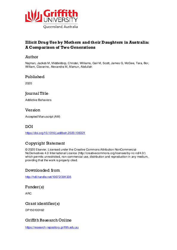 (PDF) Illicit Drug Use by Mothers and their Daughters in Australia: A ...