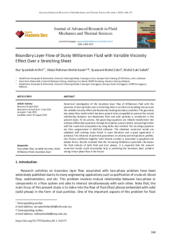 (PDF) Boundary Layer Flow of Dusty Williamson Fluid with Variable Viscosity Effect Over a ...