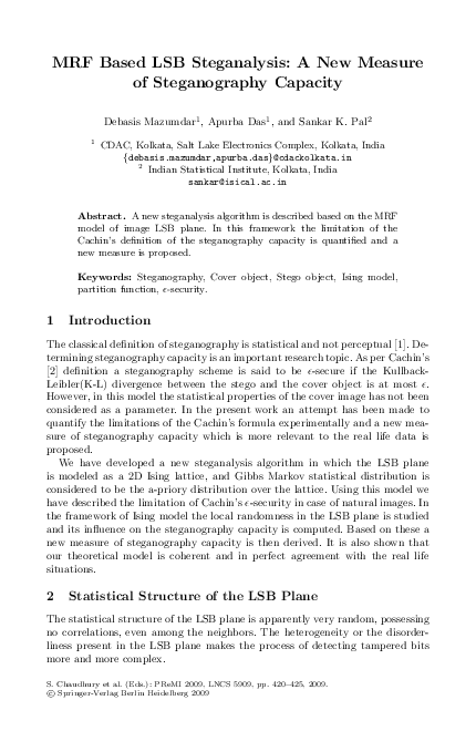 (PDF) MRF Based LSB Steganalysis: A New Measure of Steganography Capacity