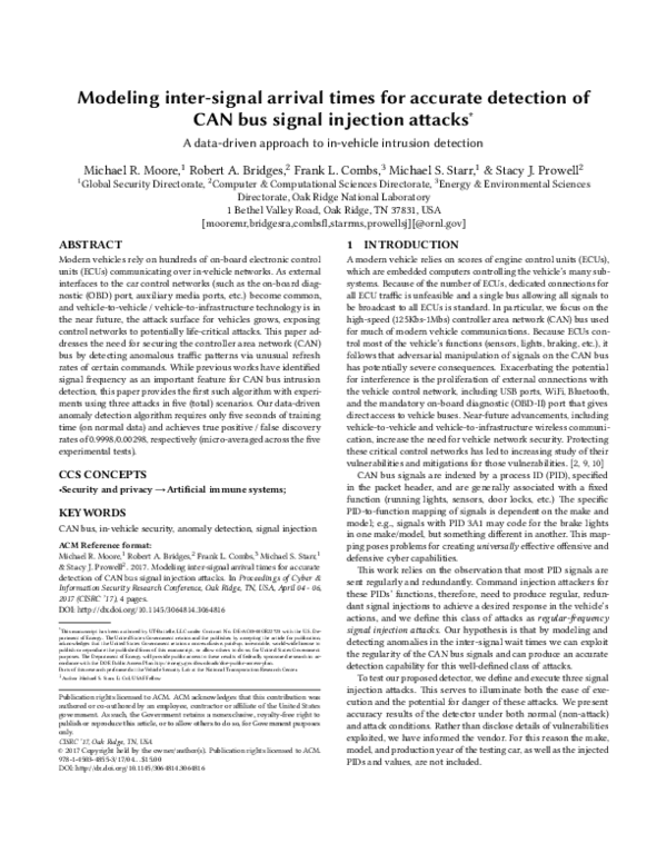 (PDF) Modeling inter-signal arrival times for accurate detection of CAN bus signal injection attacks