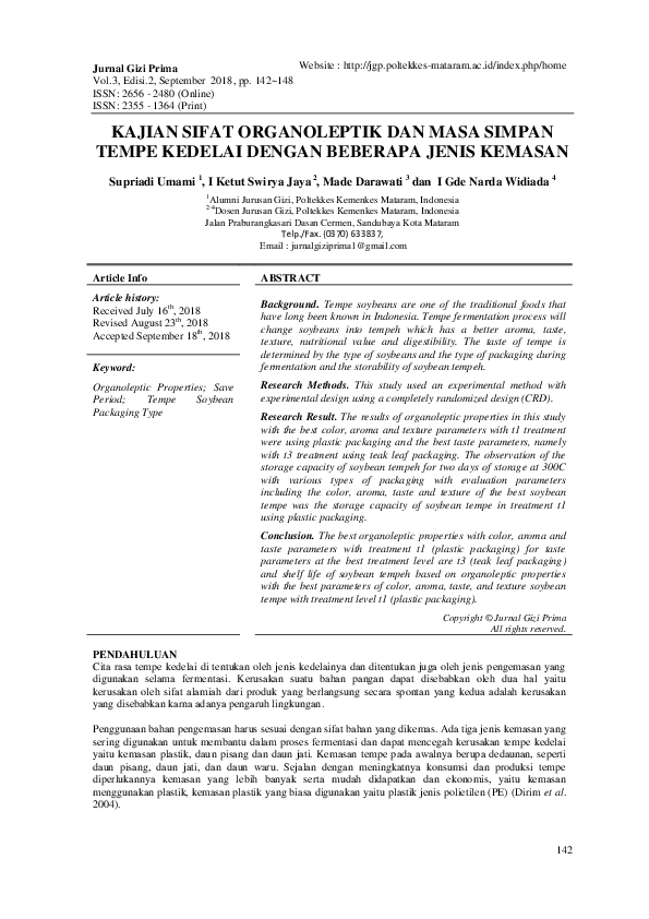 (PDF) Kajian Sifat Organoleptik Dan Masa Simpan Tempe Kedelai Dengan ...
