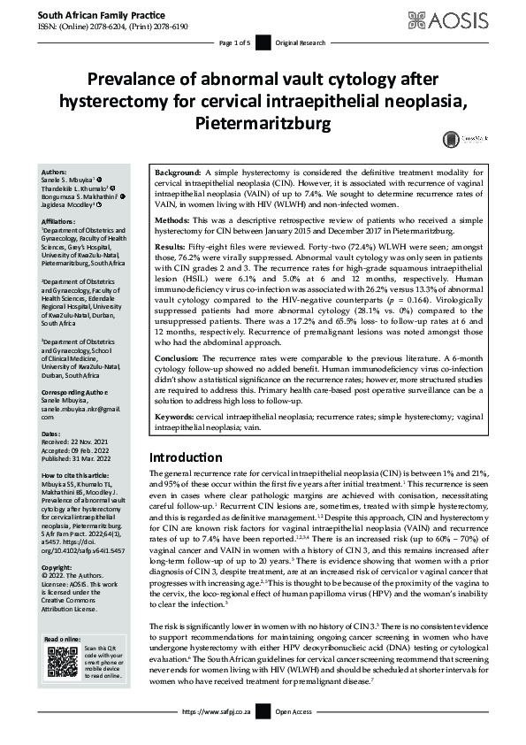 (PDF) Prevalance of abnormal vault cytology after hysterectomy for ...