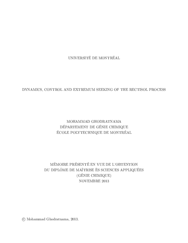 (PDF) Dynamics, Control and Extremum Seeking of the Rectisol Process