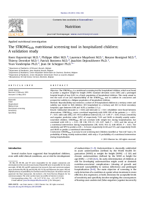 (PDF) The STRONGkids nutritional screening tool in hospitalized ...