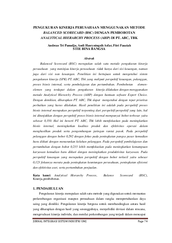 (PDF) Pengukuran Kinerja Perusahaan Menggunakan Metode Balanced Scorecard (BSC) Dengan ...