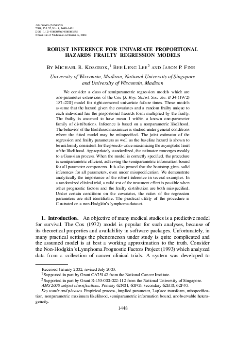 (PDF) Robust inference for univariate proportional hazards frailty regression models