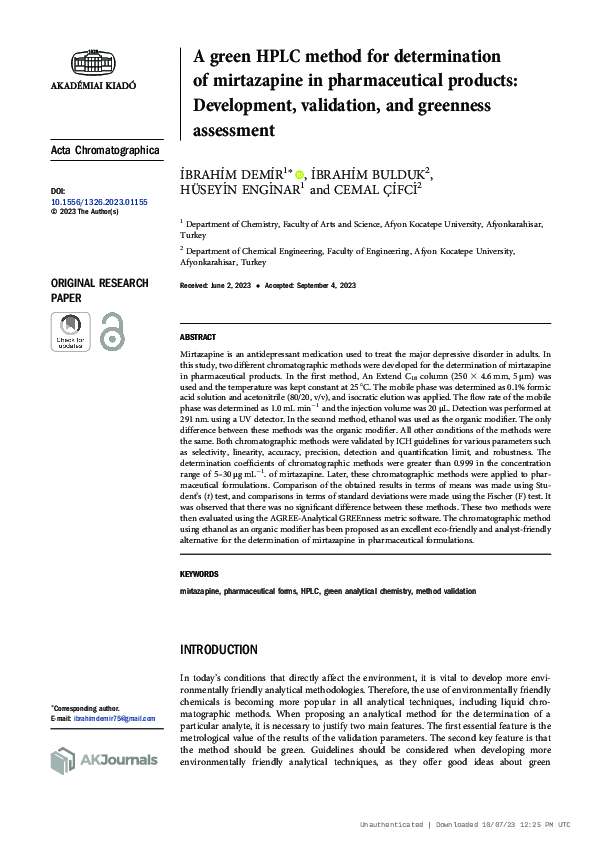 (PDF) A green HPLC method for determination of mirtazapine in pharmaceutical products ...