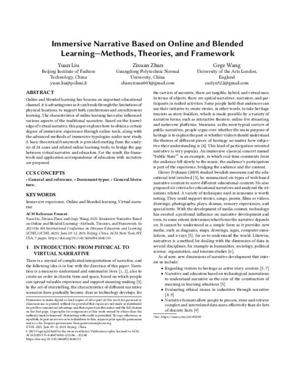 (PDF) Immersive Narrative Based on Online and Blended Learning-Methods, Theories, and Framework