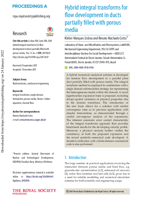 (PDF) Hybrid integral transforms for flow development in ducts partially filled with porous media