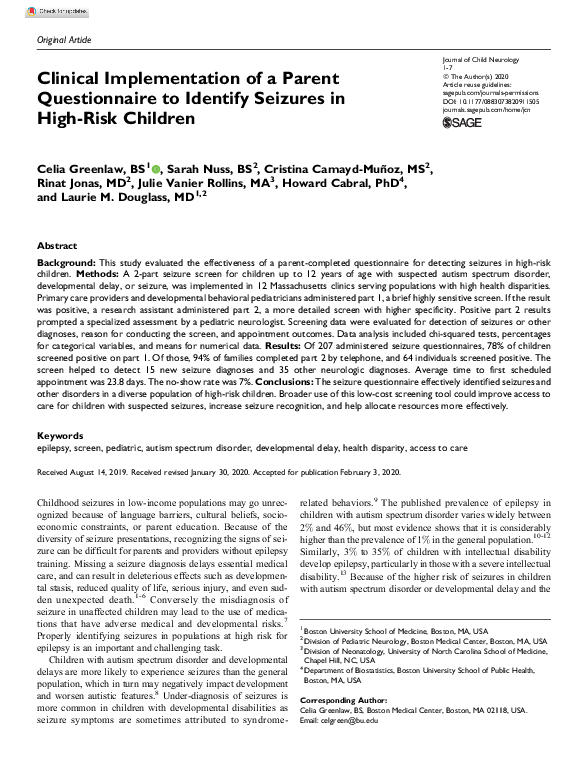 (PDF) Clinical Implementation of a Parent Questionnaire to Identify ...