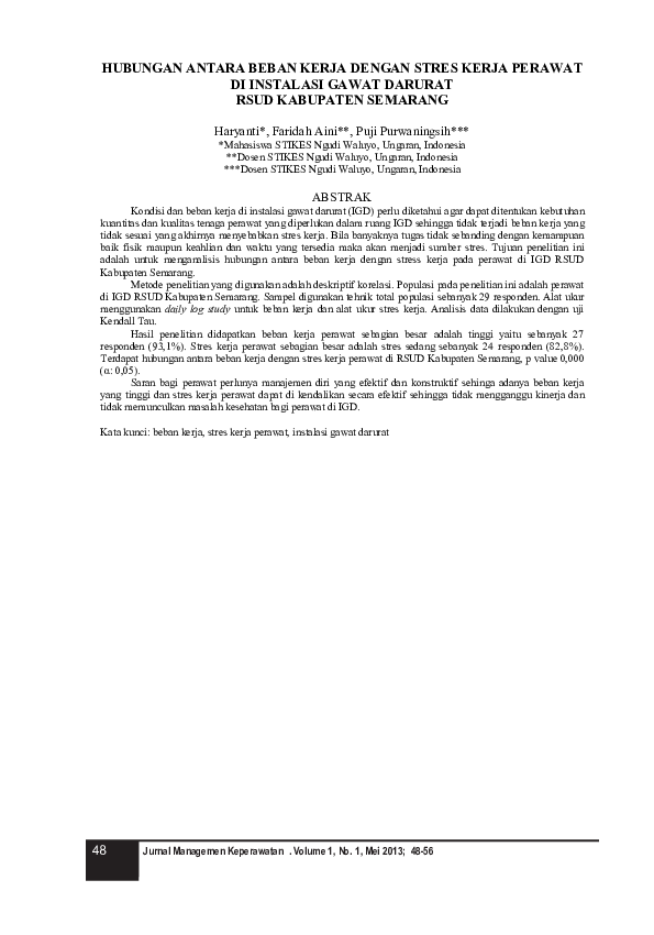 (PDF) Hubungan Antara Beban Kerja Dengan Stres Kerja Perawat DI Instalasi Gawat Darurat Rsud ...