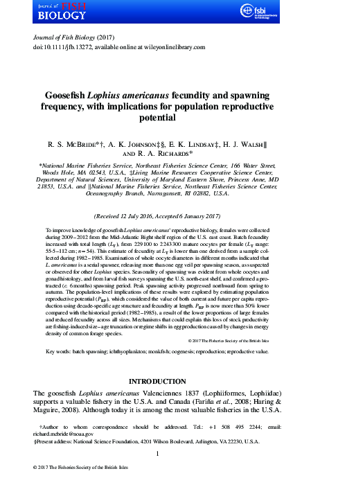 (PDF) Goosefish Lophius americanus fecundity and spawning frequency ...