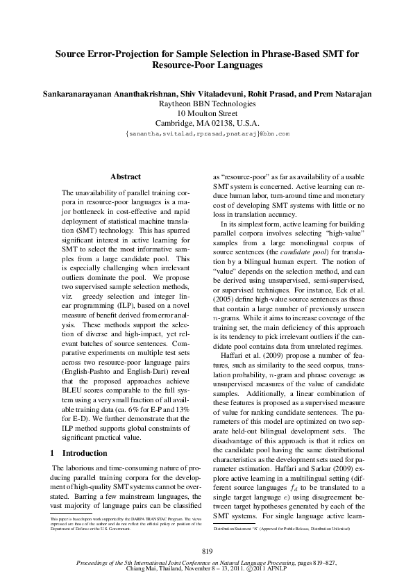 (PDF) Source Error-Projection for Sample Selection in Phrase-Based SMT for Resource-Poor Languages