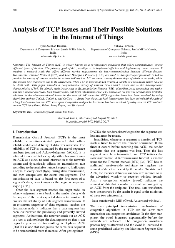 (PDF) Analysis of TCP Issues and Their Possible Solutions in the Internet of Things