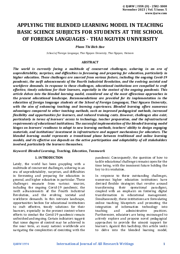 (PDF) APPLYING THE BLENDED LEARNING MODEL IN TEACHING BASIC SCIENCE SUBJECTS FOR STUDENTS AT THE ...