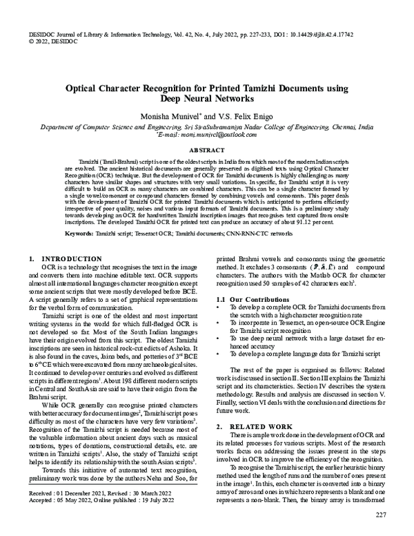 (PDF) Optical Character Recognition for Printed Tamizhi Documents using Deep Neural Networks