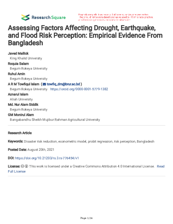 (PDF) Assessing factors affecting drought, earthquake, and flood risk perception: empirical ...