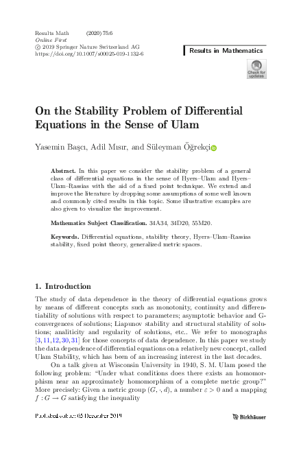 (PDF) On the Stability Problem of Differential Equations in the Sense of Ulam
