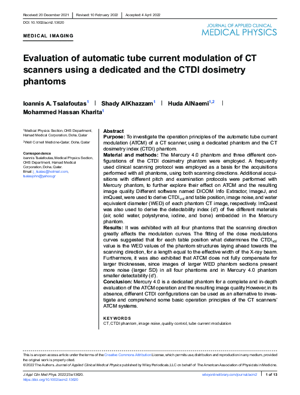 (PDF) Evaluation of automatic tube current modulation of CT scanners ...