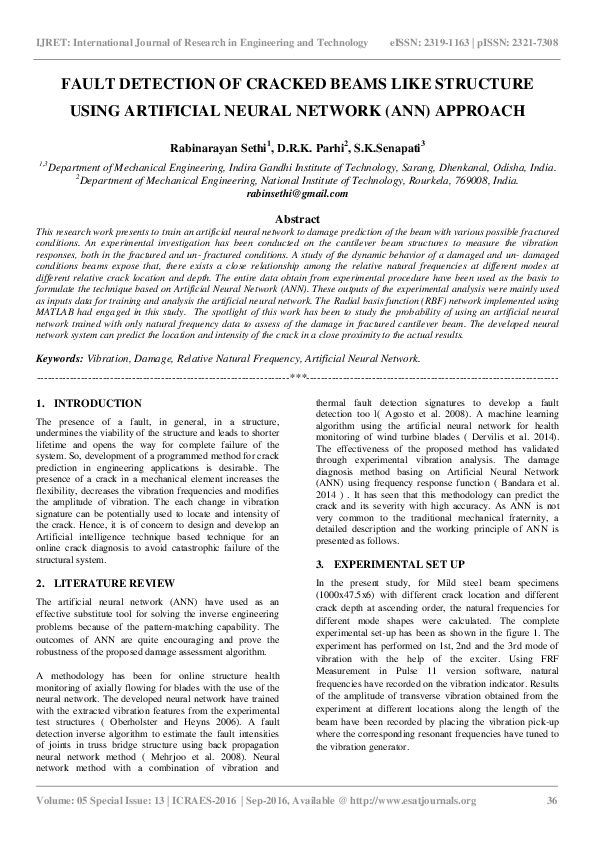 Pdf Fault Detection Of Cracked Beams Like Structure Using Artificial Neural Network Ann Approach
