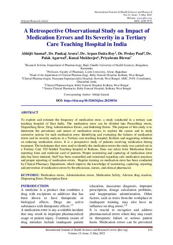 (PDF) A Retrospective Observational Study on Impact of Medication Errors and Its Severity in a ...